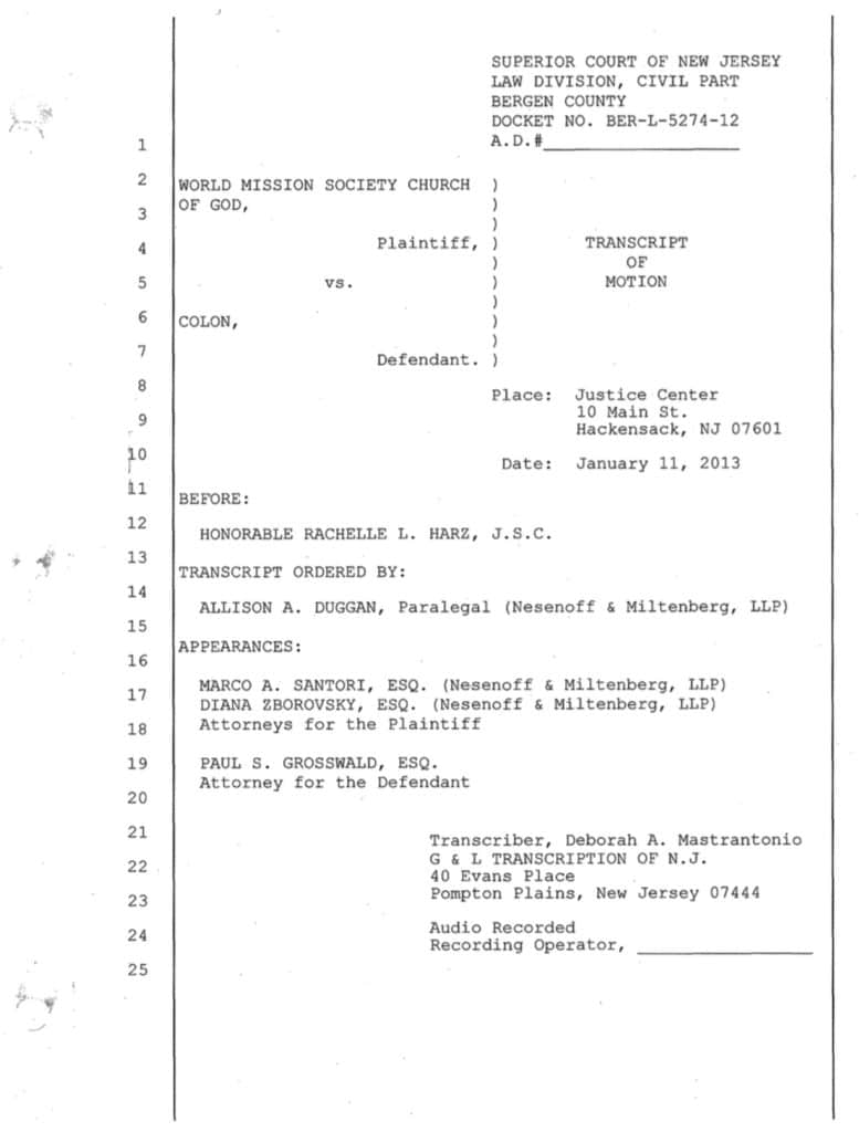 Motion to Dismiss Hearing Transcript – NJ BER-L-5274-12 – Examining the World Mission Society ...